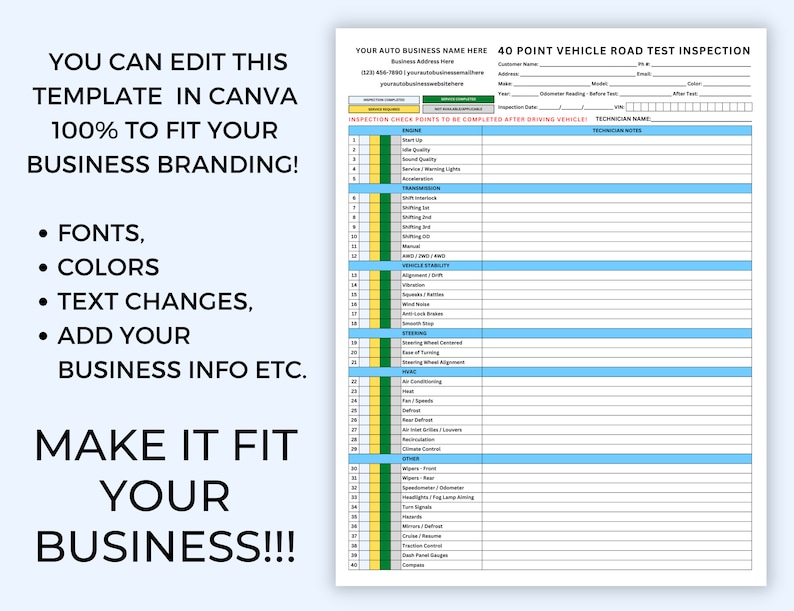 40 Point Vehicle Road Test Inspection Checklist, Editable Template ...