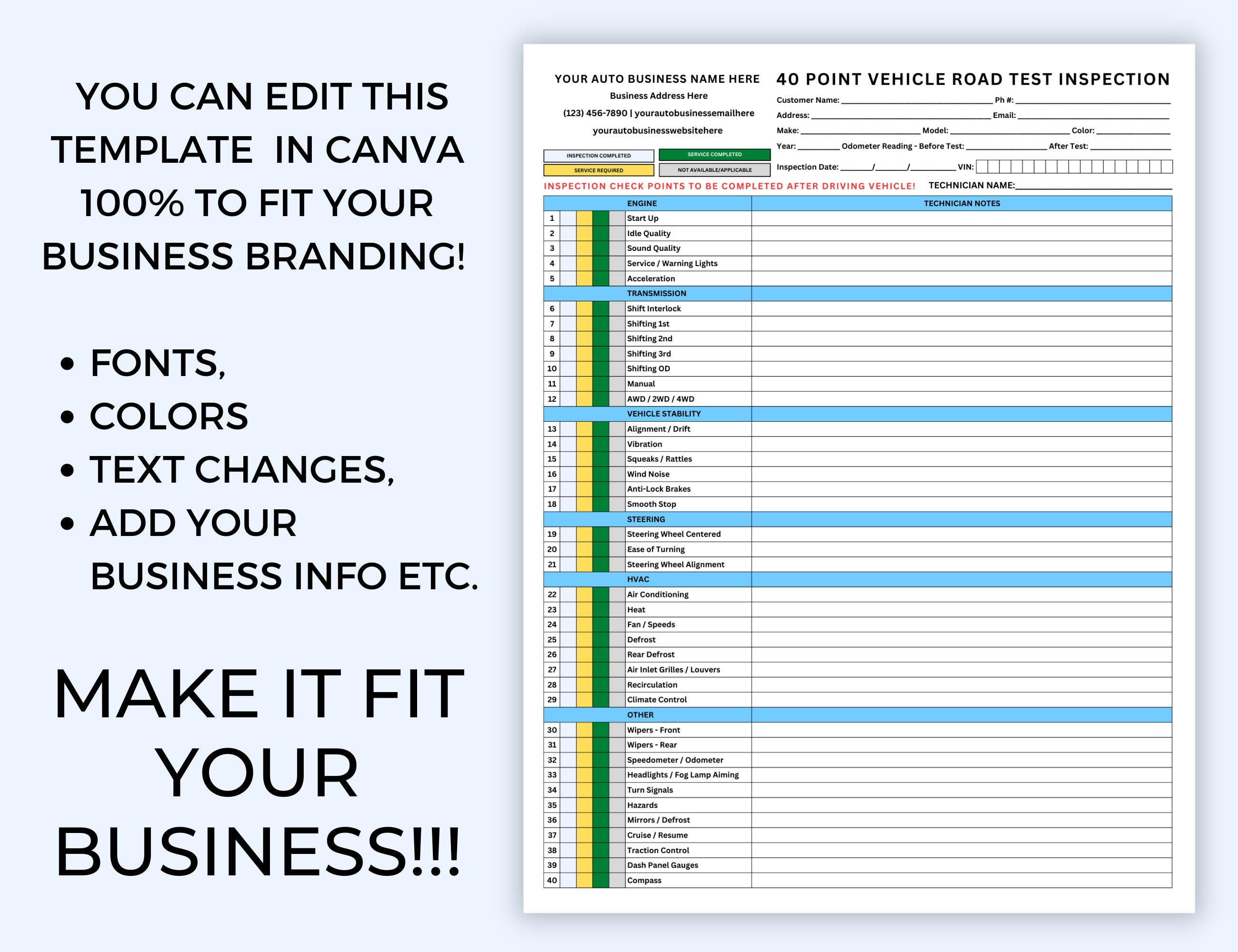 40 Point Vehicle Road Test Inspection Checklist, Editable Template ...