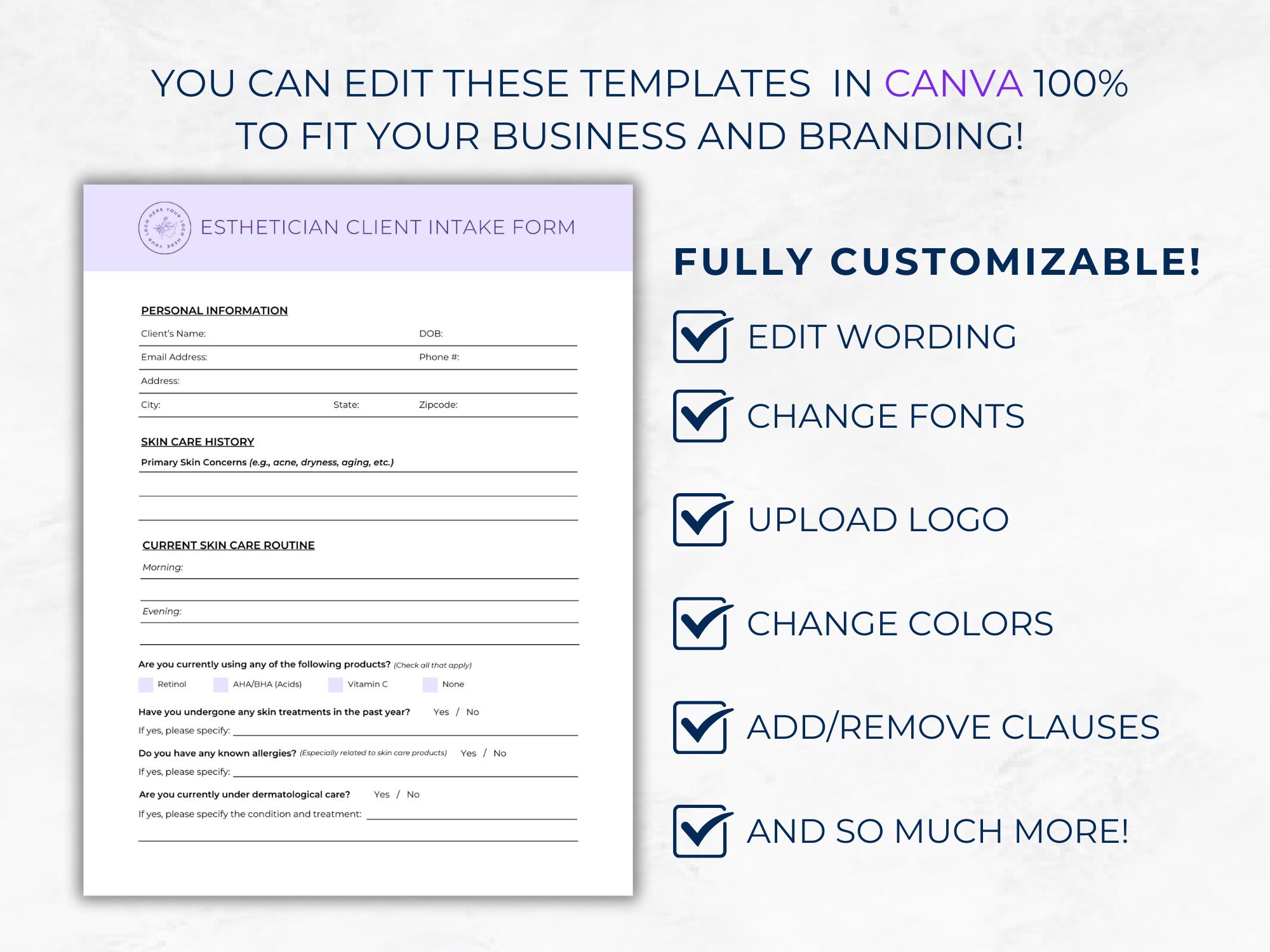 Esthetician Client Intake Form, Client Intake Form for Esthetician ...