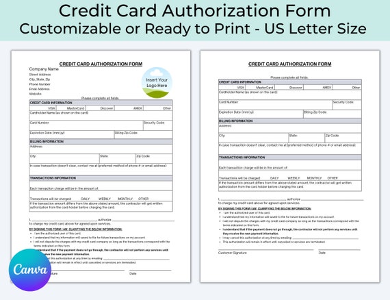 Credit Card Authorization Form Credit Card Billing Accounts - Etsy
