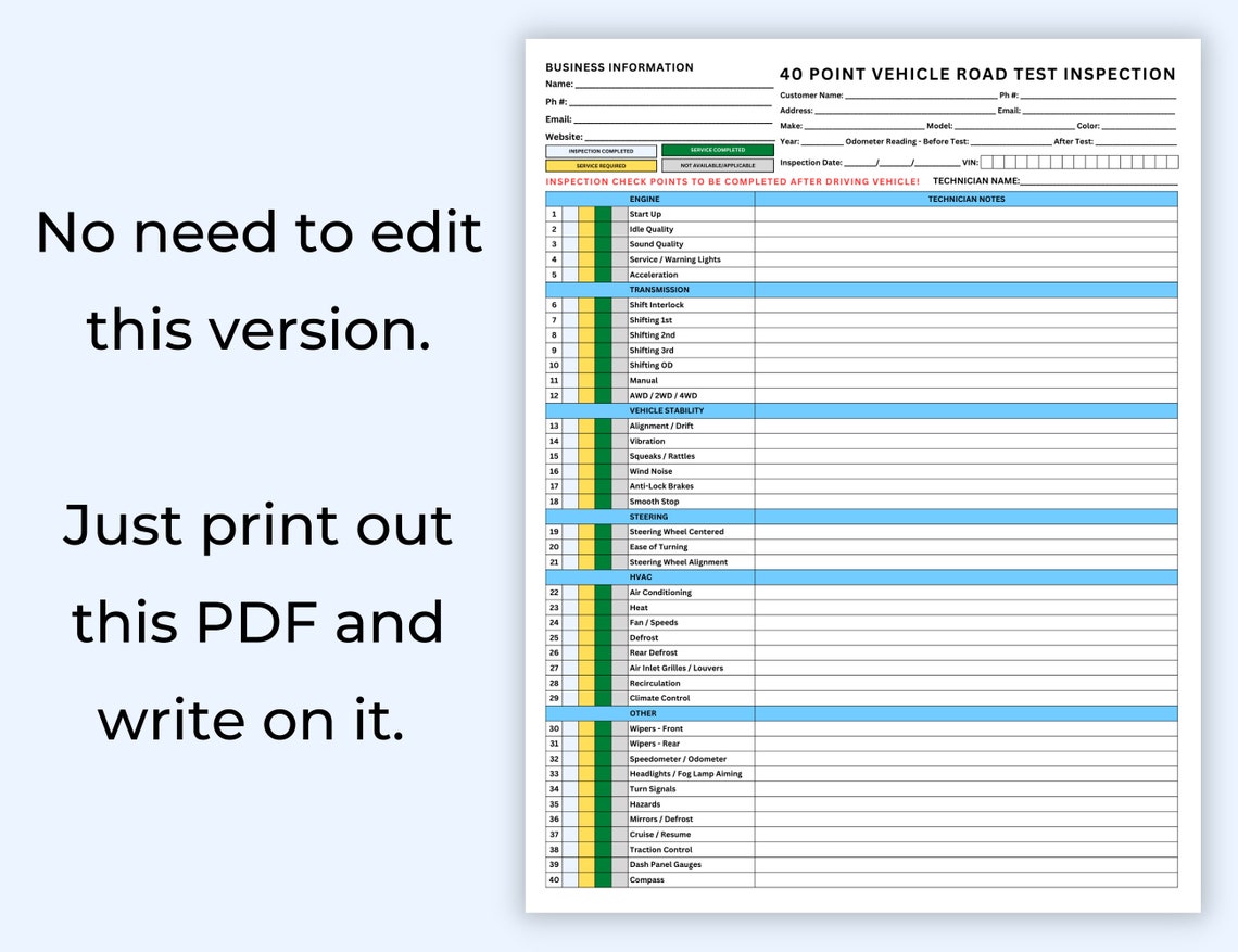 40 Point Vehicle Road Test Inspection Checklist, Editable Template ...