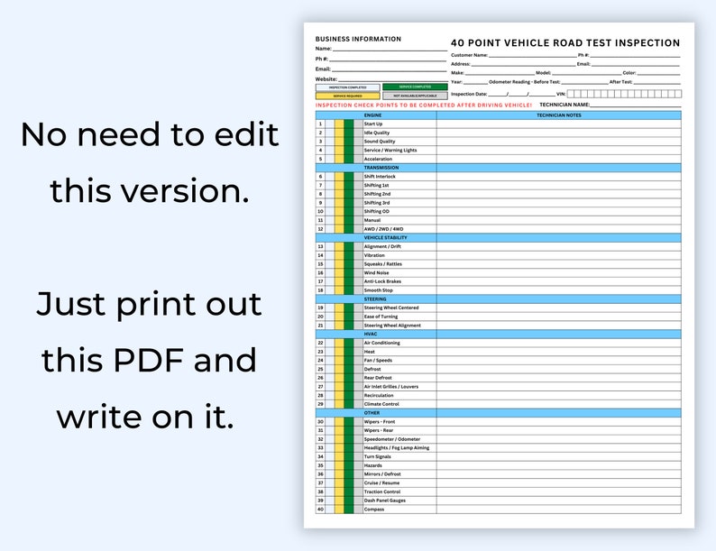 40 Point Vehicle Road Test Inspection Checklist, Editable Template ...