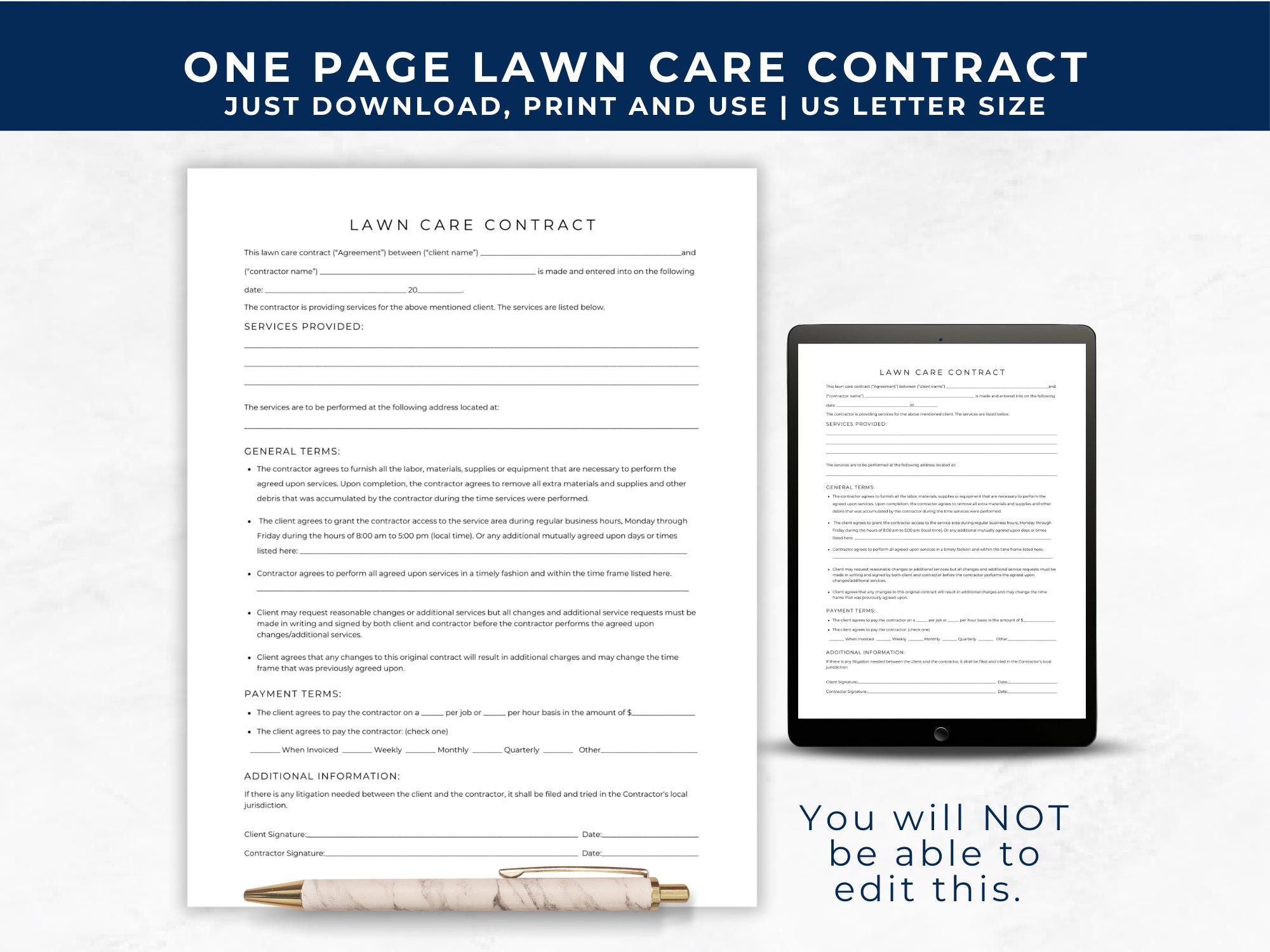 Simple Lawn Care Contract, Landscaping Business Contract, Basic Yard ...