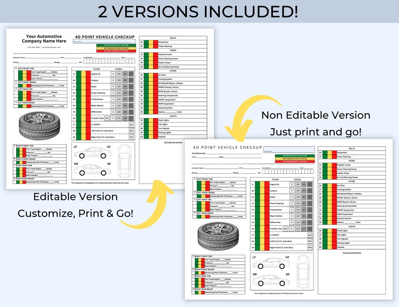 Vehicle Inspection Checklist, 40 Point Vehicle Checkup, Editable ...