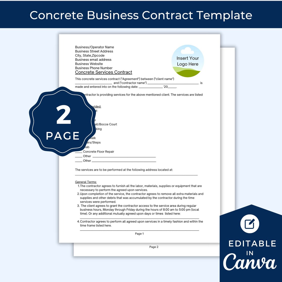 Concrete Contract, Cement Contract, Editable Template, Concrete Service ...