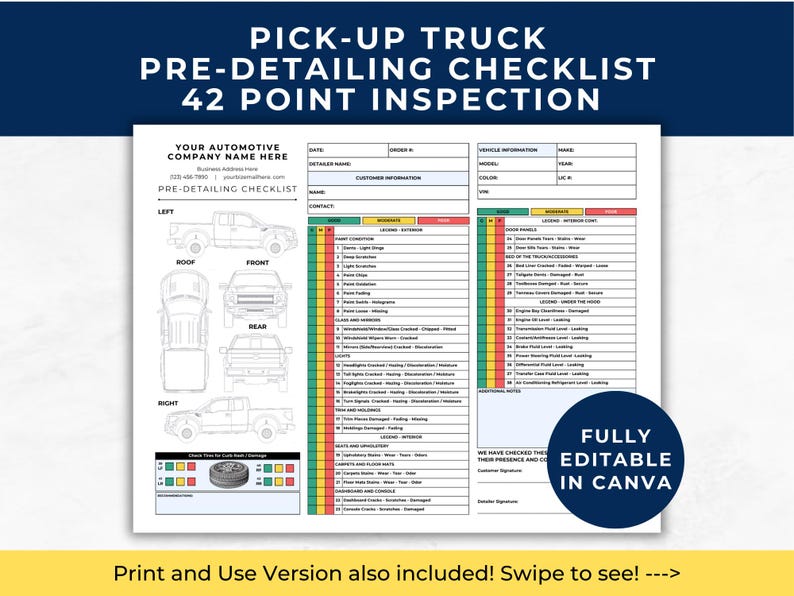 42 Point Pre-detailing Vehicle Inspection Checklist, Visual Pick up ...