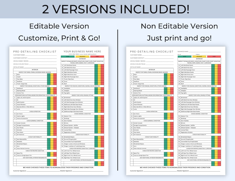 Pre-detailing Vehicle Inspection Checklist, Editable Checklist Template ...