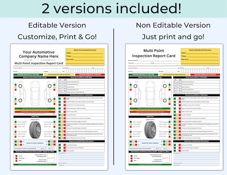 Visual Vehicle Inspection Report Card, Editable PDF Multi-point Vehicle ...
