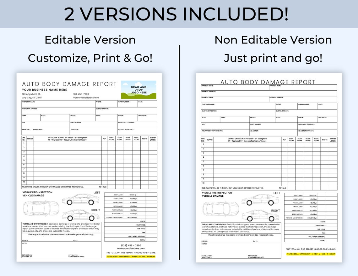 Auto Body Damage Report, Editable Estimation Template, Car Repair Quote ...