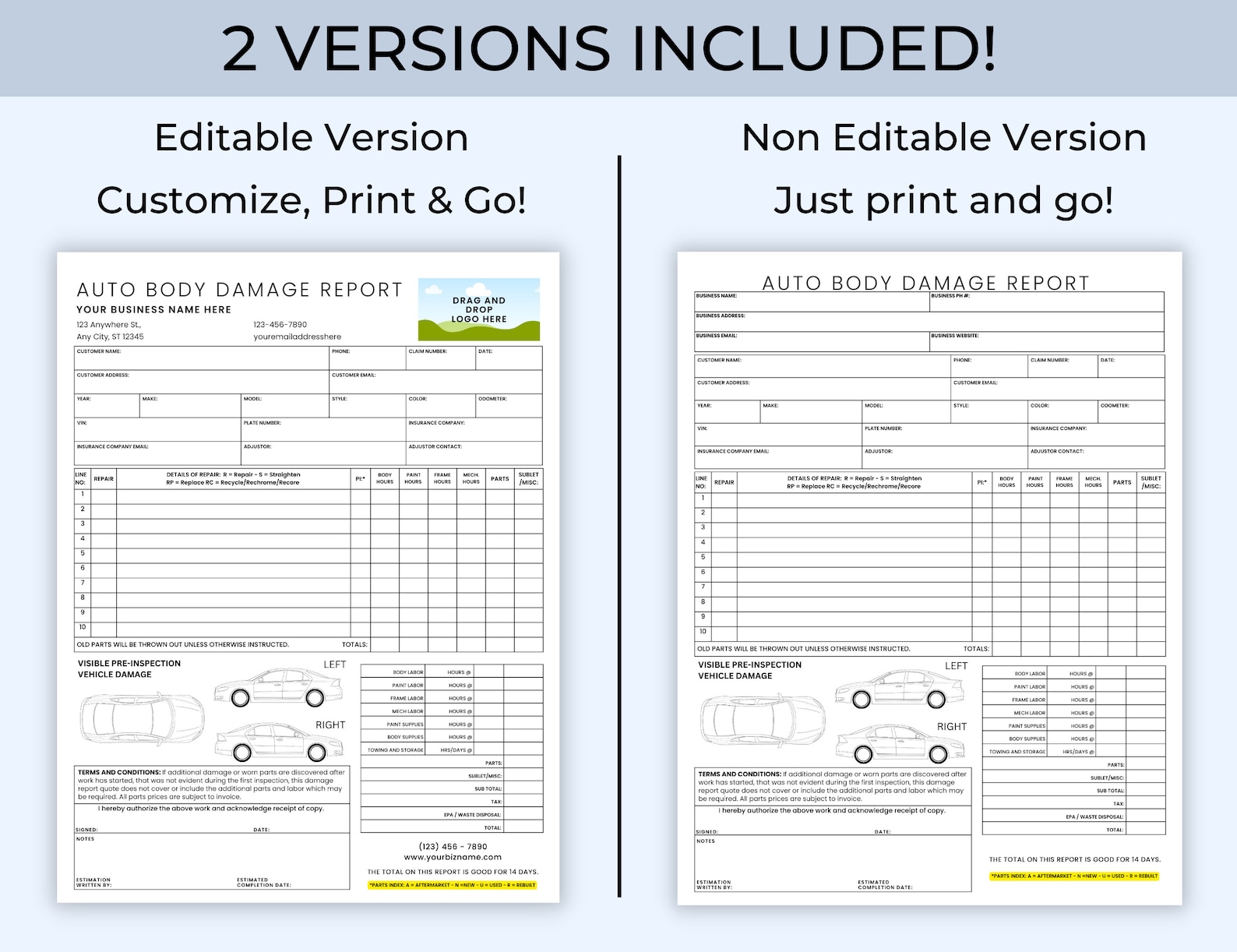 Auto Body Damage Report, Editable Estimation Template, Car Repair Quote ...