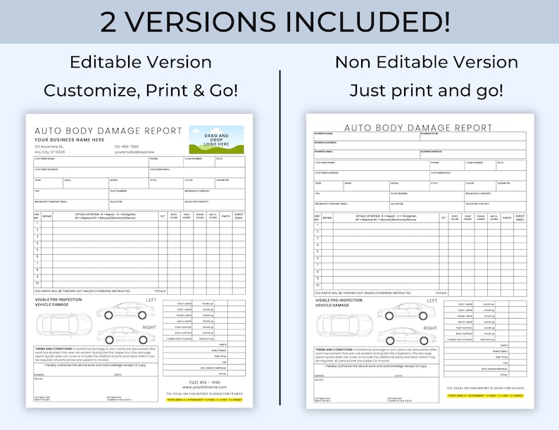 Auto Body Damage Report, Editable Estimation Template, Car Repair Quote ...