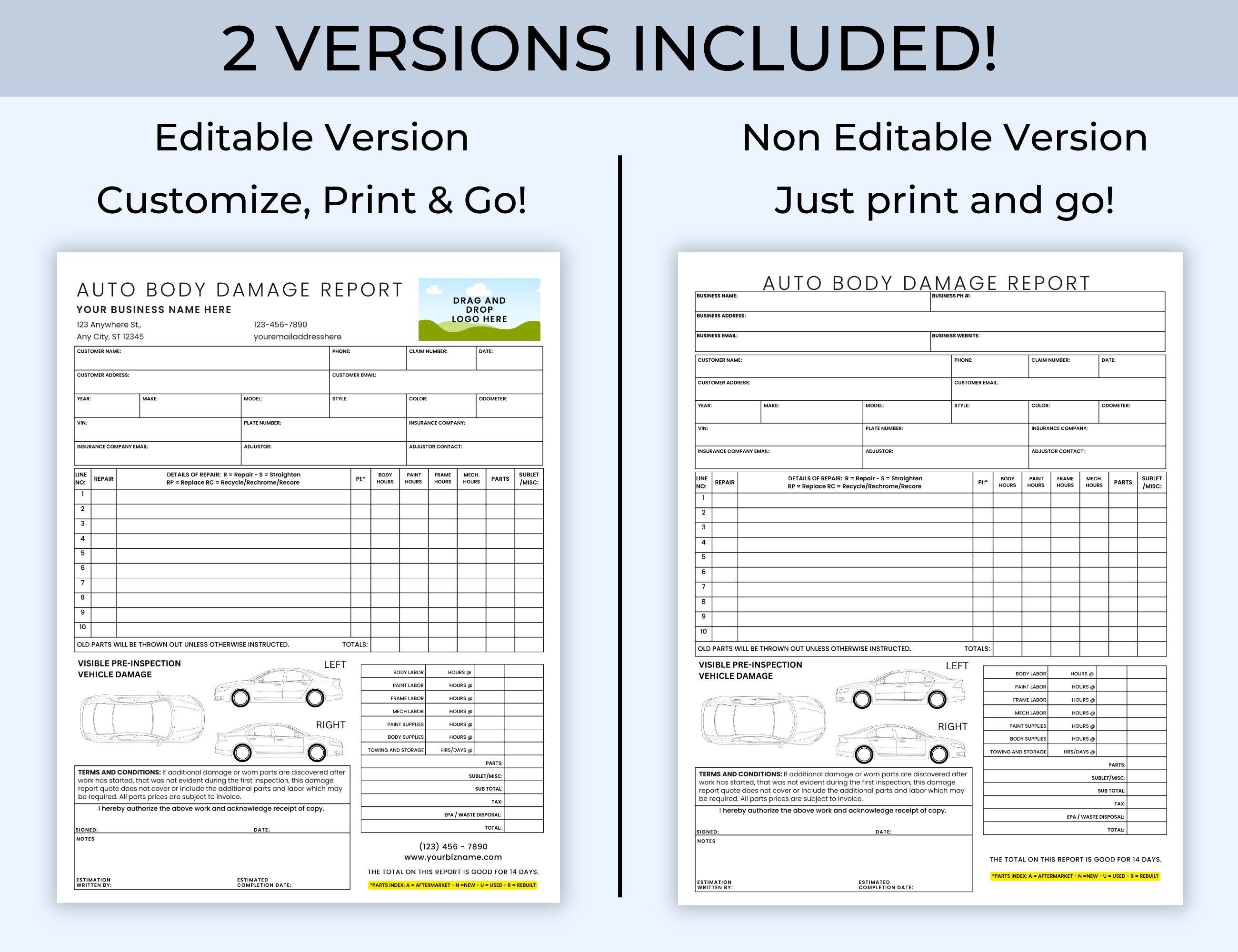 Auto Body Damage Report, Editable Estimation Template, Car Repair Quote ...
