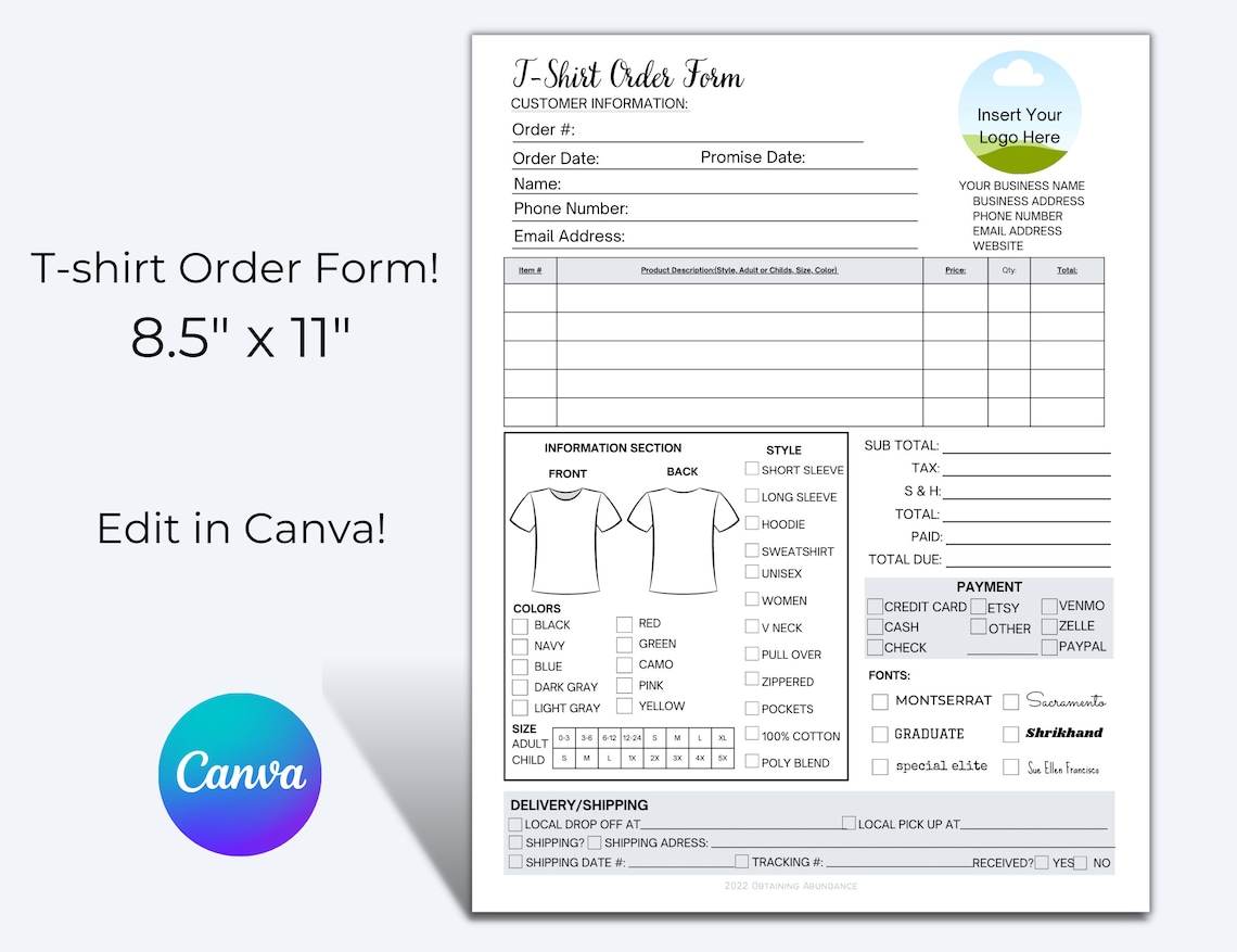 T-shirt Order Form Template, T-shirt Order Form Template Editable ...