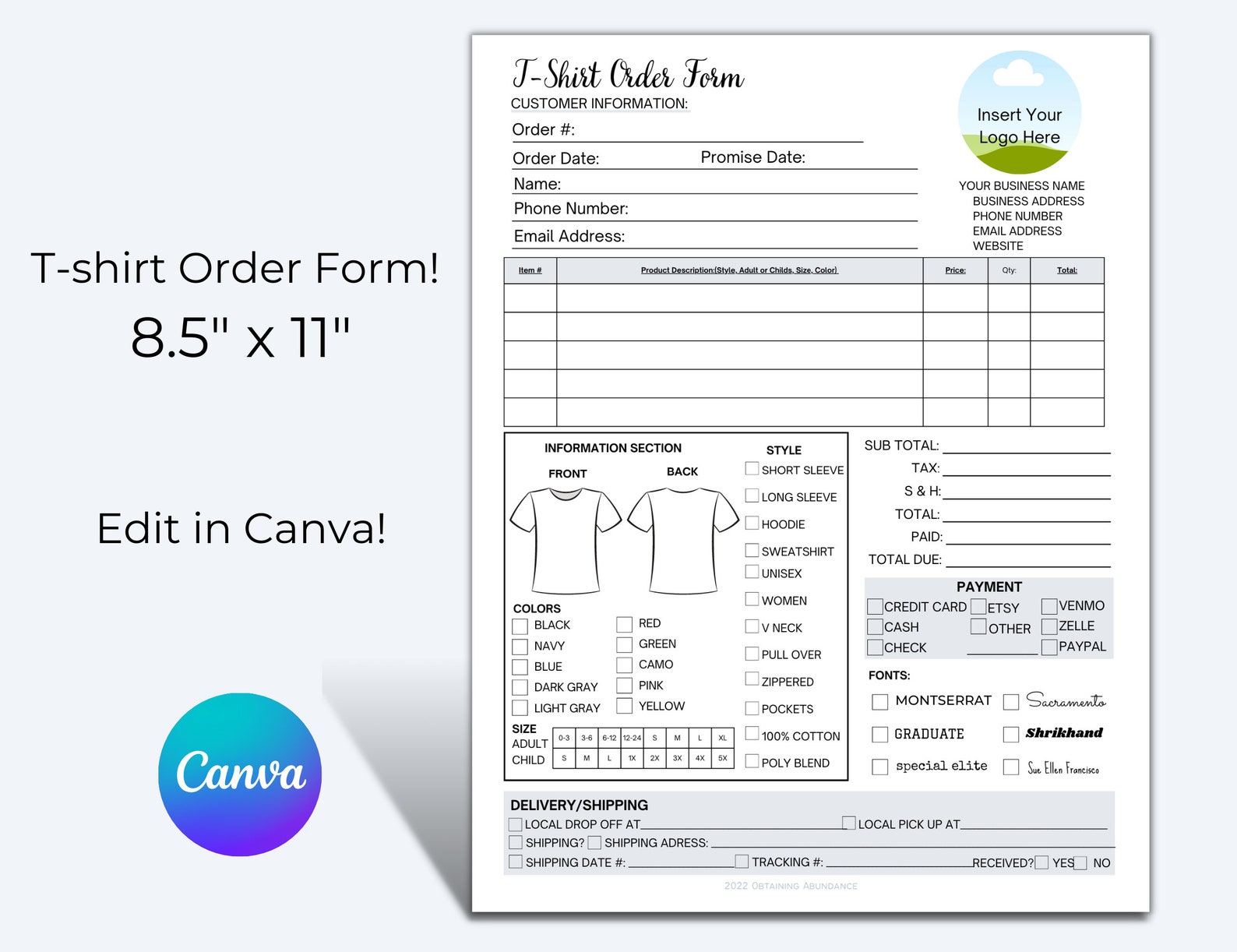 T-shirt Order Form Template, T-shirt Order Form Template Editable ...