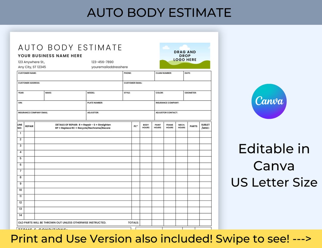 Auto Body Estimate, Editable Estimation Template, Auto Body Repair ...