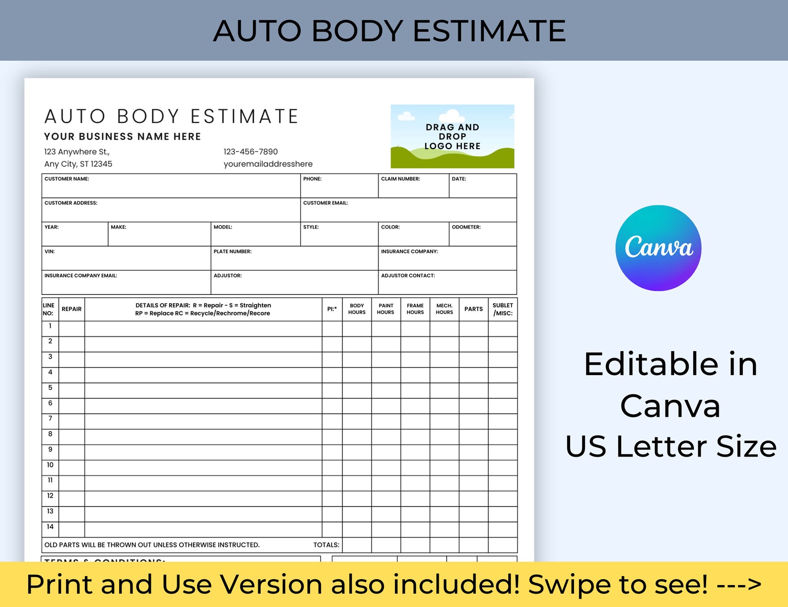 Auto Body Estimate, Editable Estimation Template, Auto Body Repair ...