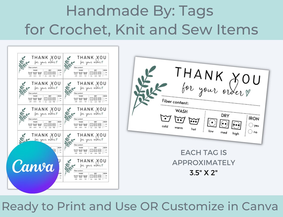 Printable Care Tag, Care Labels, Handmade for You, Washing Instructions ...