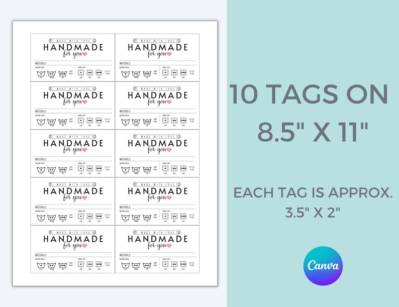 Printable Care Tag, Care Labels, Handmade for You, Washing Instructions ...