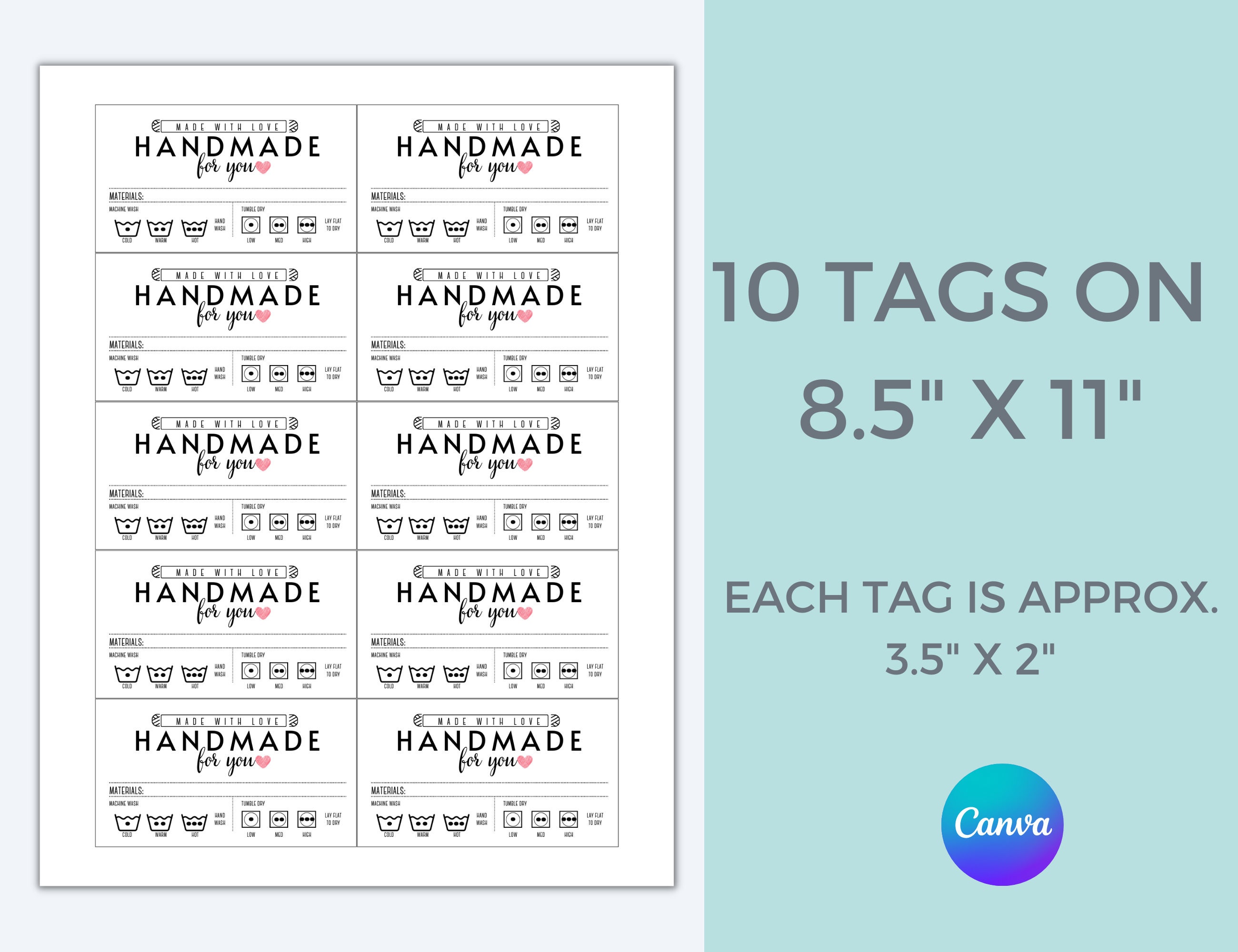 Printable Care Tag, Care Labels, Handmade for You, Washing Instructions ...