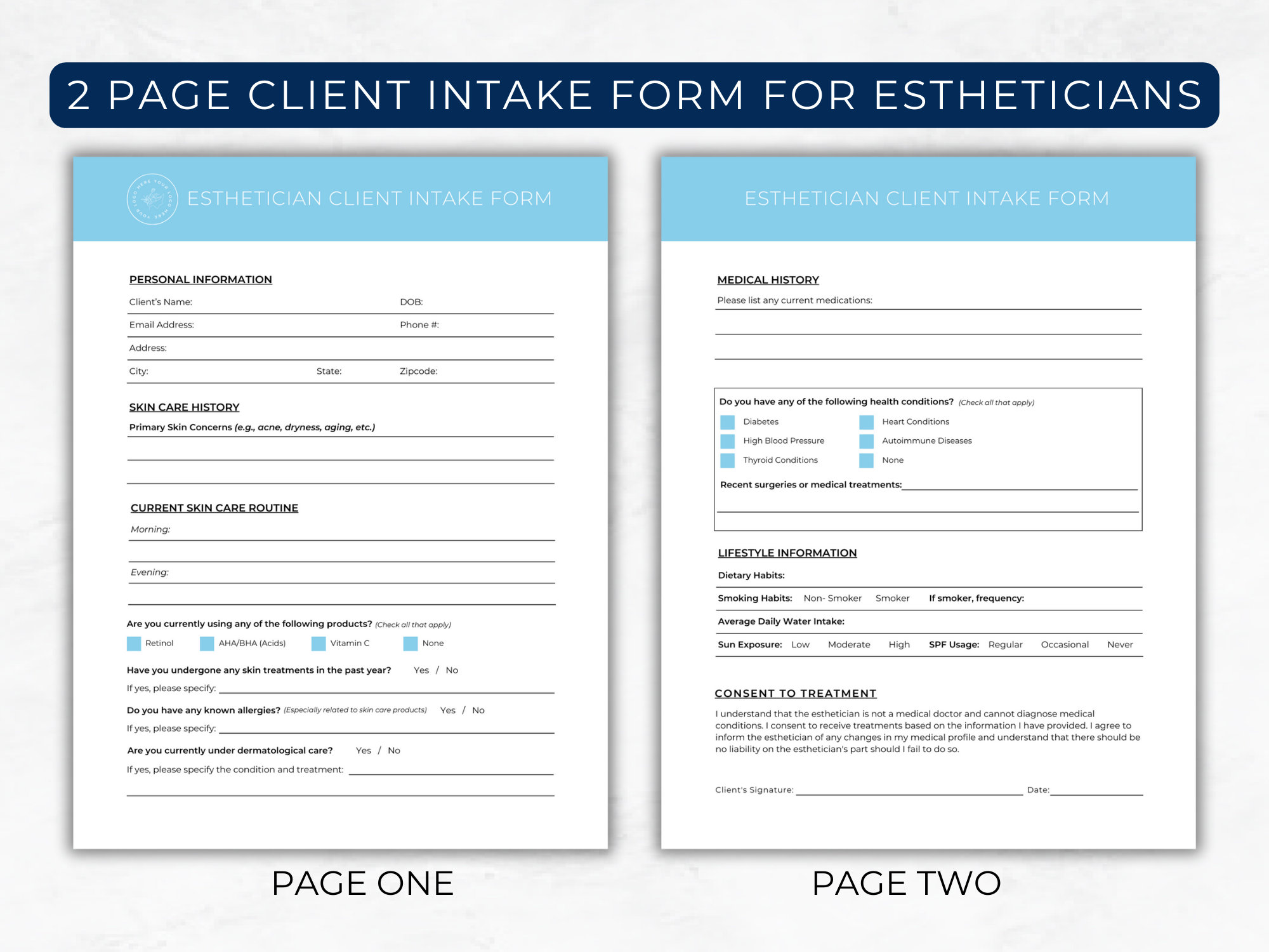 Esthetician Client Intake Form, Client Intake Form for Esthetician ...
