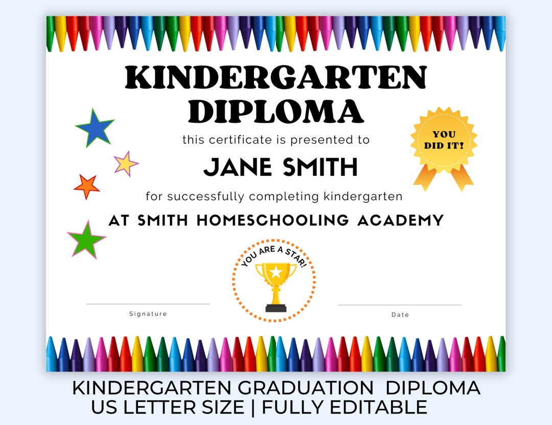 Kindergarten Diploma Template, Printable Kindergarten Graduation ...