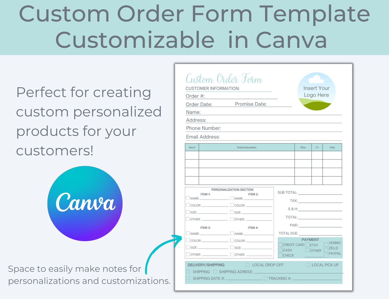 Custom Order Form Template, Purchase Order Form, Editable Canva ...