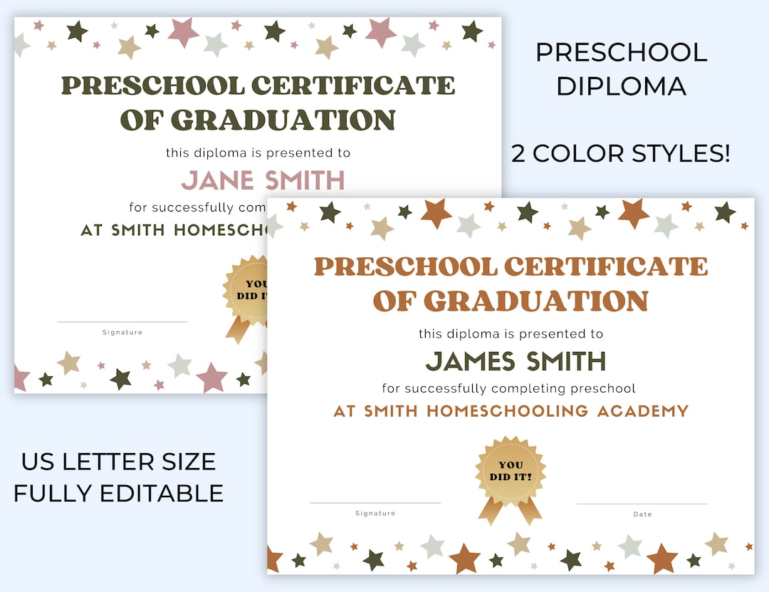 Printable Preschool Graduation Certificates, Homeschool Diploma ...