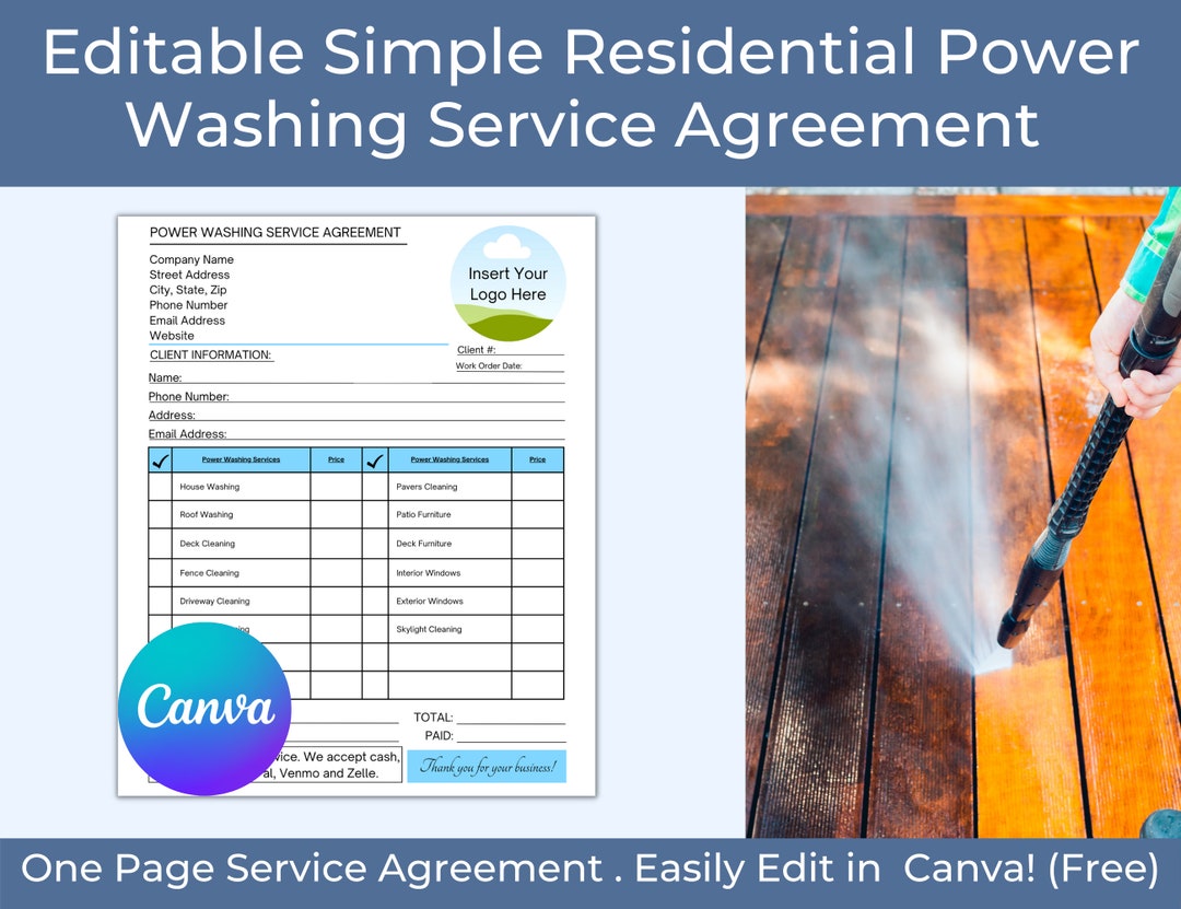 Power Washing Service Agreement, Pressure Washing Service, Editable ...