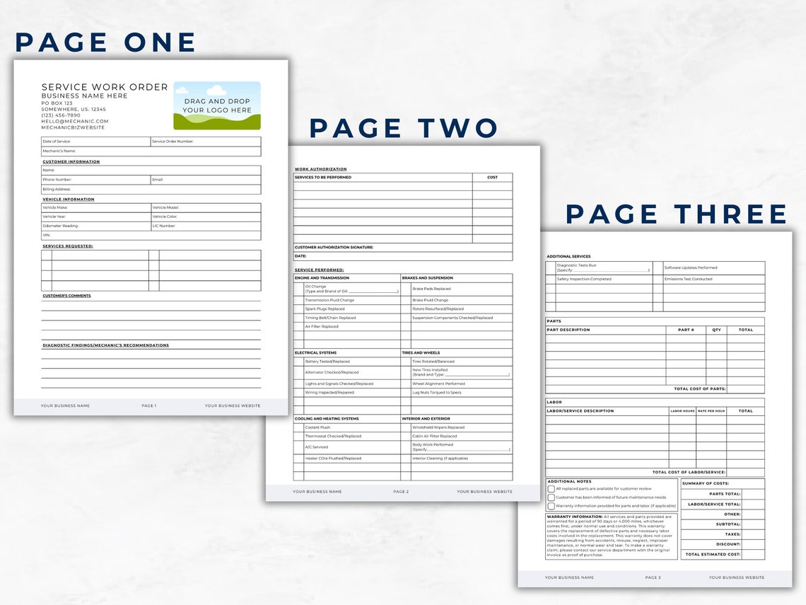 Mechanic Service Work Order, Job Order Form, Repair Job Ticket ...
