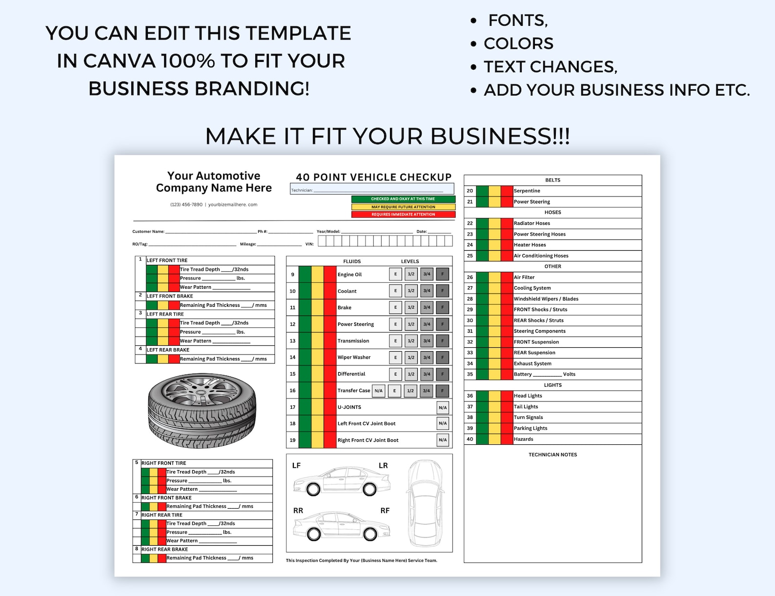 Vehicle Inspection Checklist, 40 Point Vehicle Checkup, Editable ...