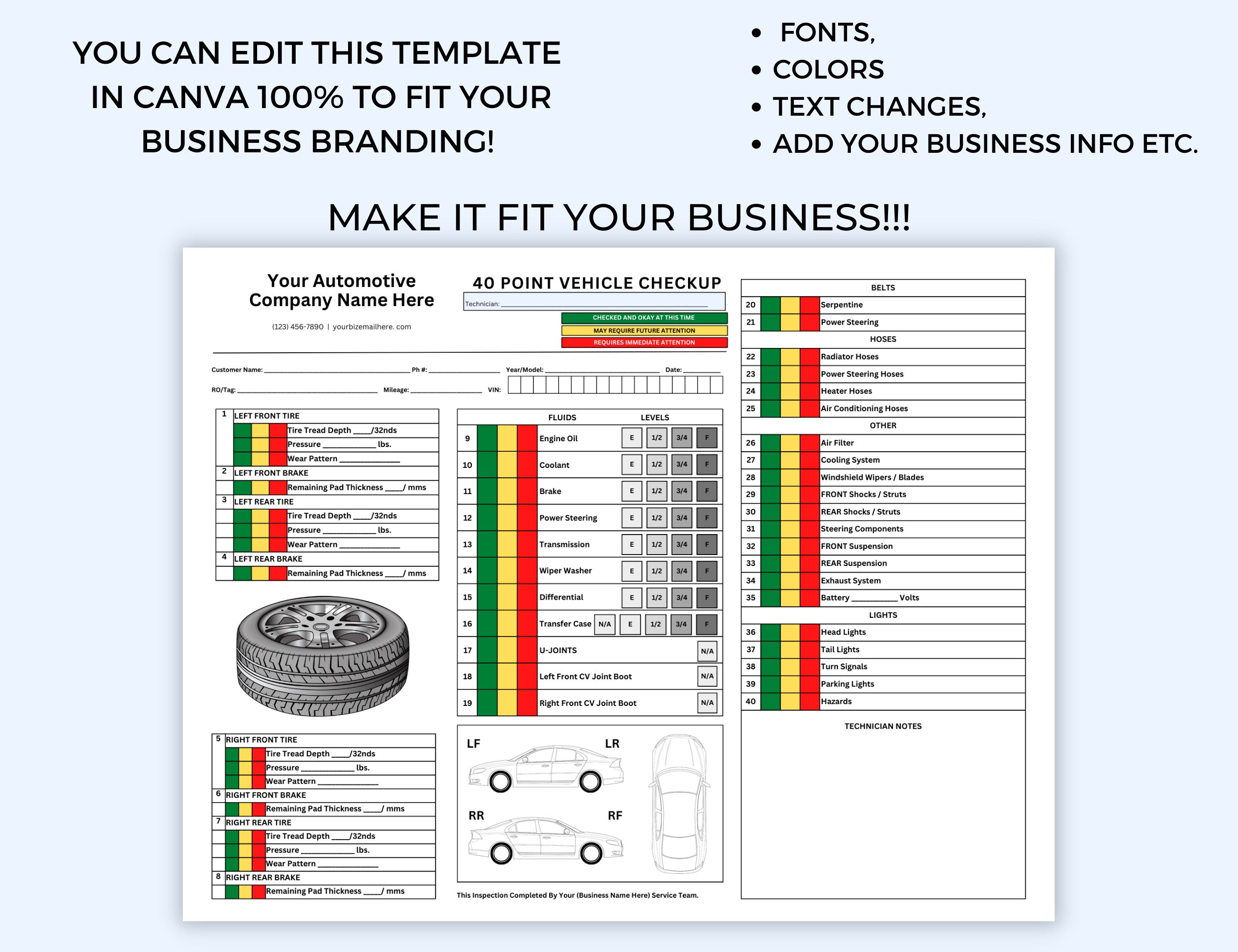 Vehicle Inspection Checklist, 40 Point Vehicle Checkup, Editable ...