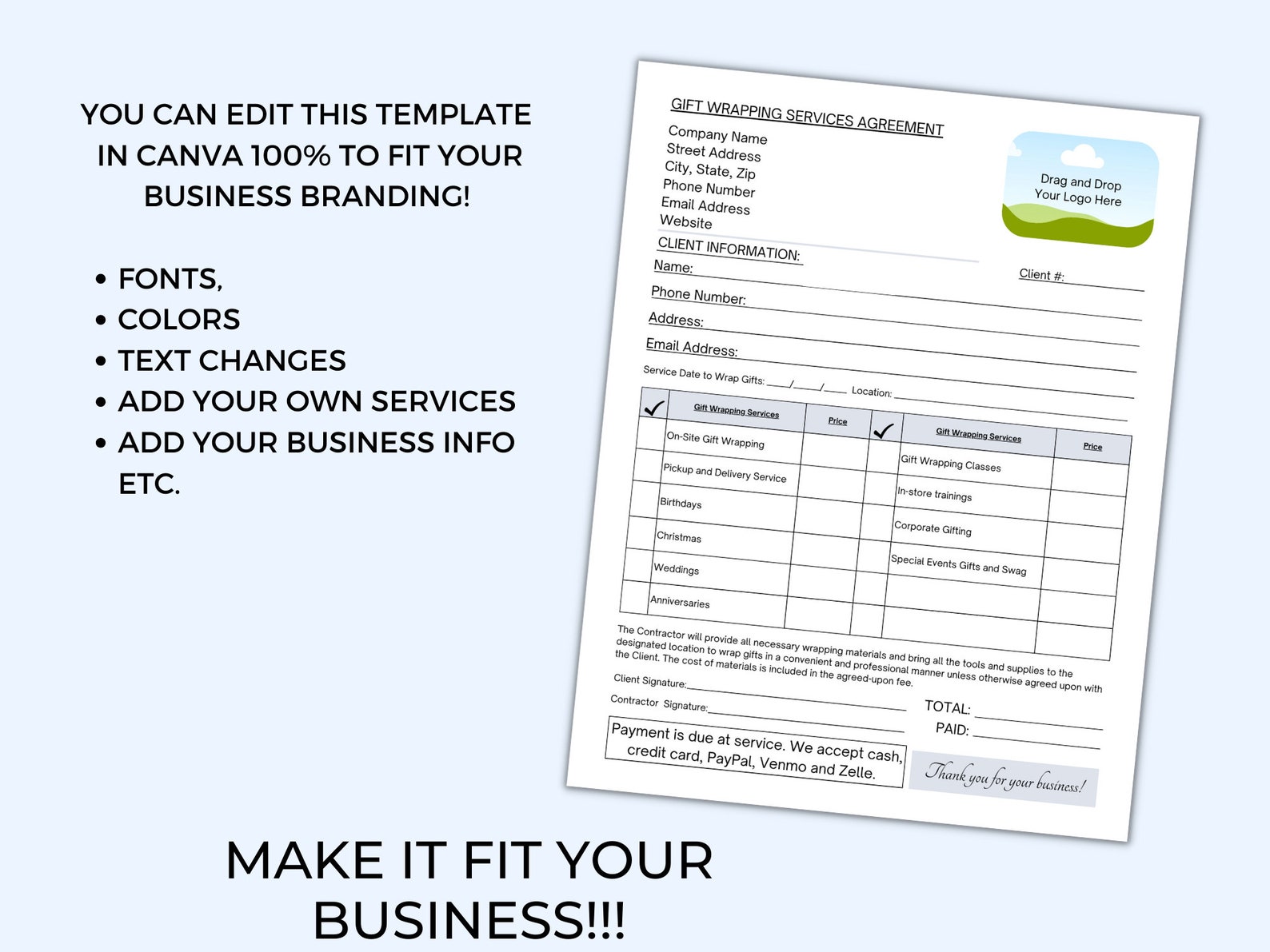Gift Wrapping Service Agreement, Present Wrapping Service, Editable ...