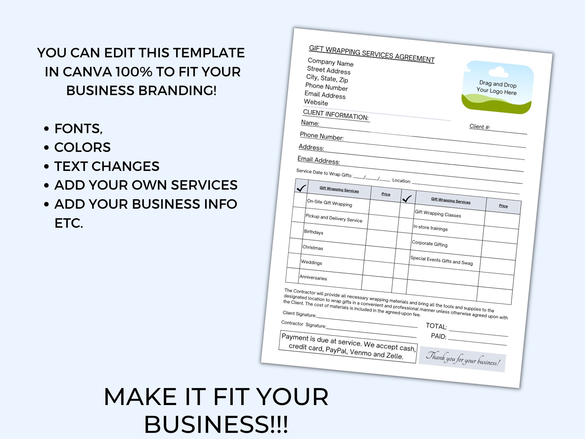 Gift Wrapping Service Agreement, Present Wrapping Service, Editable ...