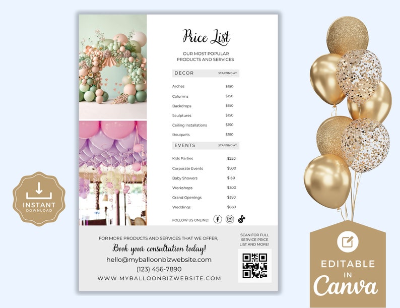 Balloon Decor Price List, Pricing Sheet, Rate Card, Flyer, Balloon ...