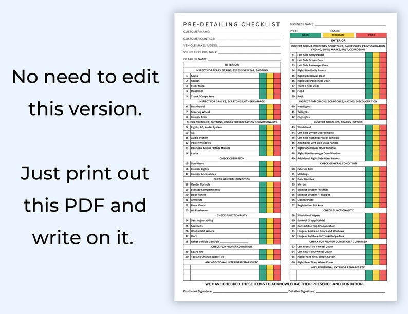 Pre-detailing Vehicle Inspection Checklist, Editable Checklist Template ...