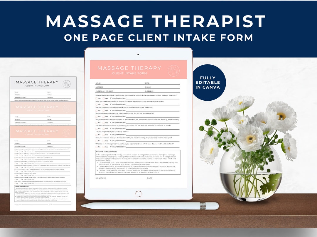 Massage Therapist Client Form, Intake Form Template for Massage Therapy ...