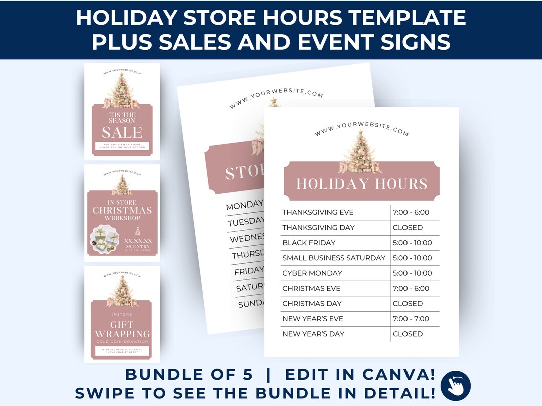 Pink Christmas Business Hours, Holiday Store Hours Template, Christmas ...