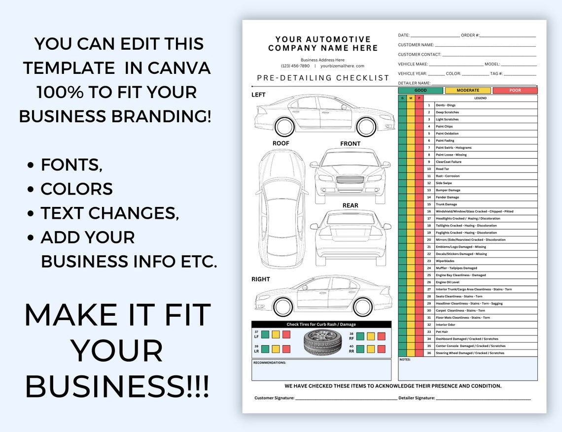Pre-detailing Vehicle Inspection Checklist, Editable Checklist Template ...