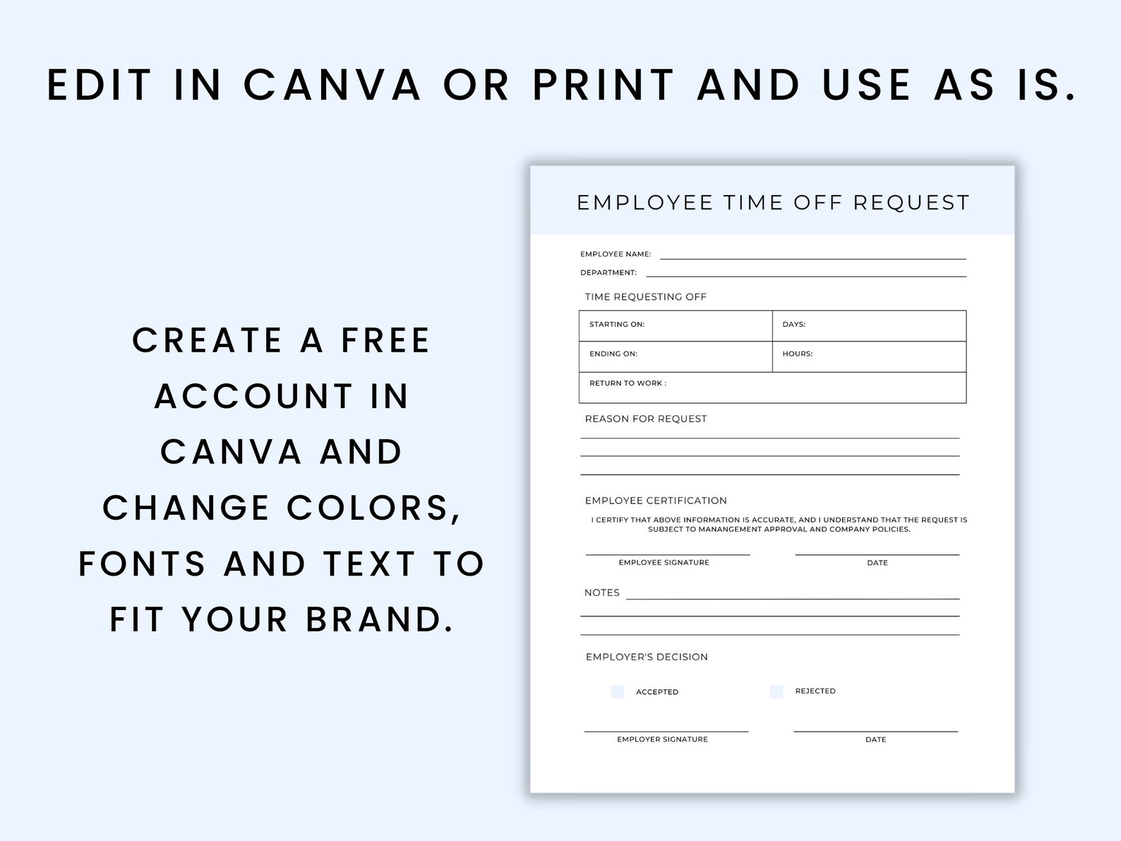 Employee Time off Request Form, Vacation Request Template, Employee PTO ...