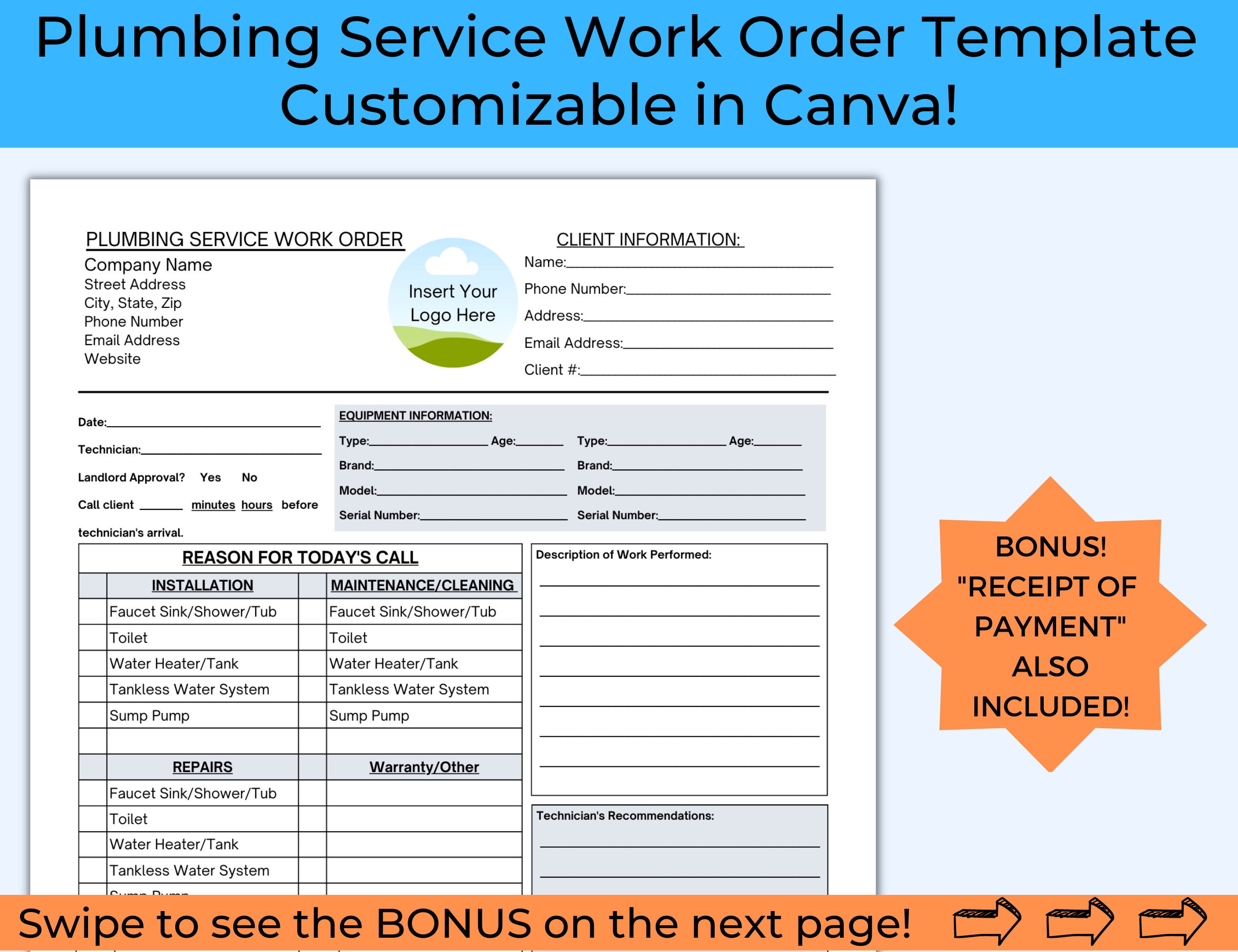 Plumbing Work Order, Plumbing Company Templates, Plumbers Work Order ...