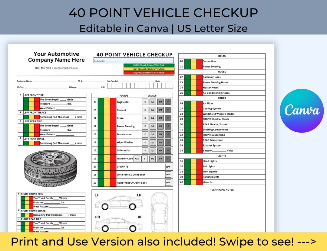 Vehicle Inspection Checklist, 40 Point Vehicle Checkup, Editable ...