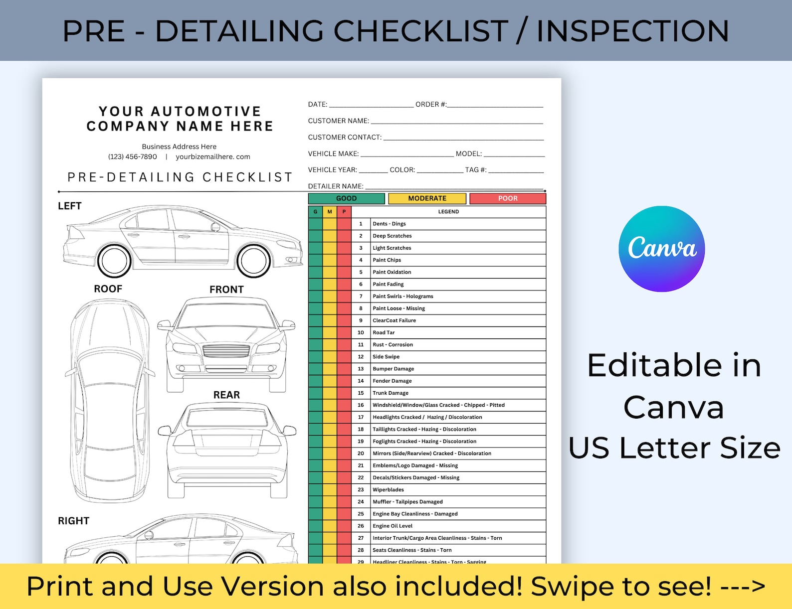 Pre-detailing Vehicle Inspection Checklist, Editable Checklist Template ...