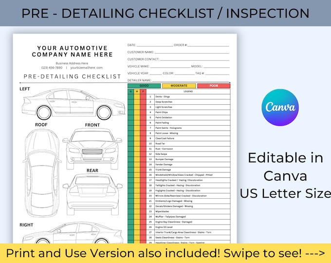 Pre-inspection Sedan Checklist for Auto Detailers, Dealerships & Service Departments - Etsy