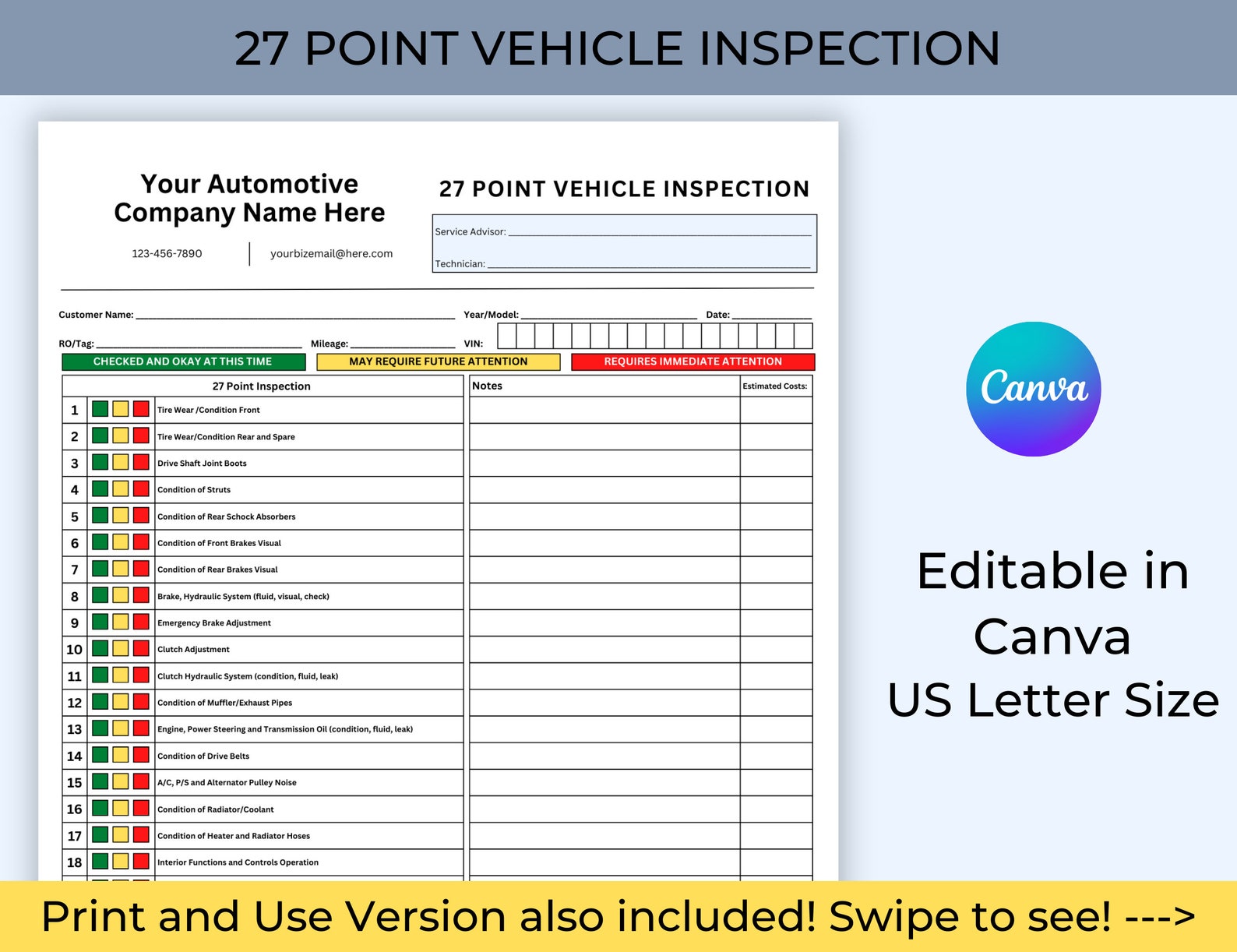 Vehicle Inspection Checklist, 27 Point Vehicle Inspection Checklist, Editable Template for Auto ...