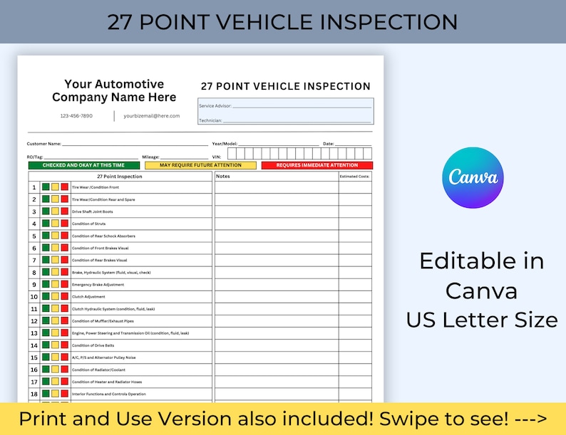 Vehicle Inspection Checklist, 27 Point Vehicle Inspection Checklist ...