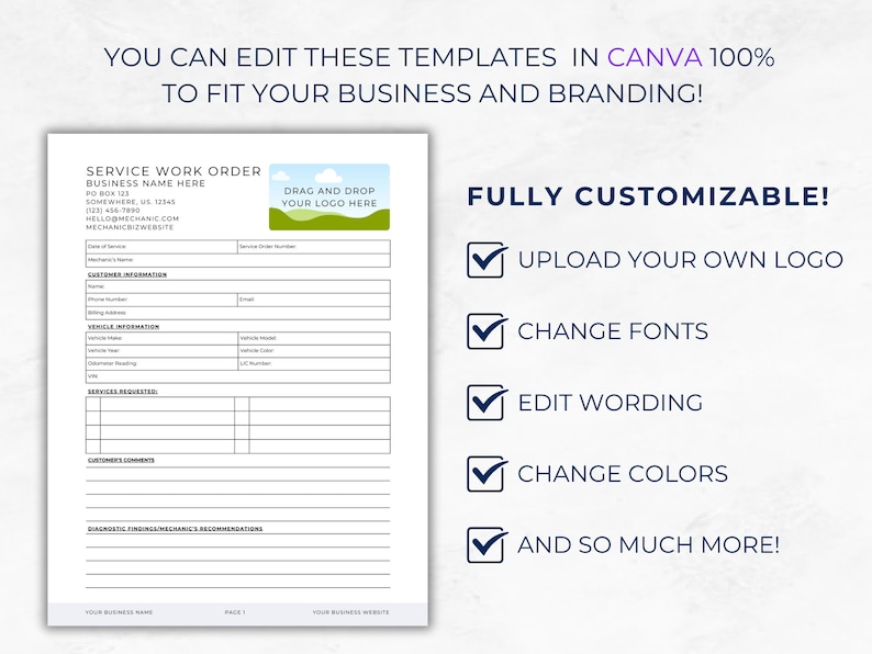 Mechanic Service Work Order, Job Order Form, Repair Job Ticket ...