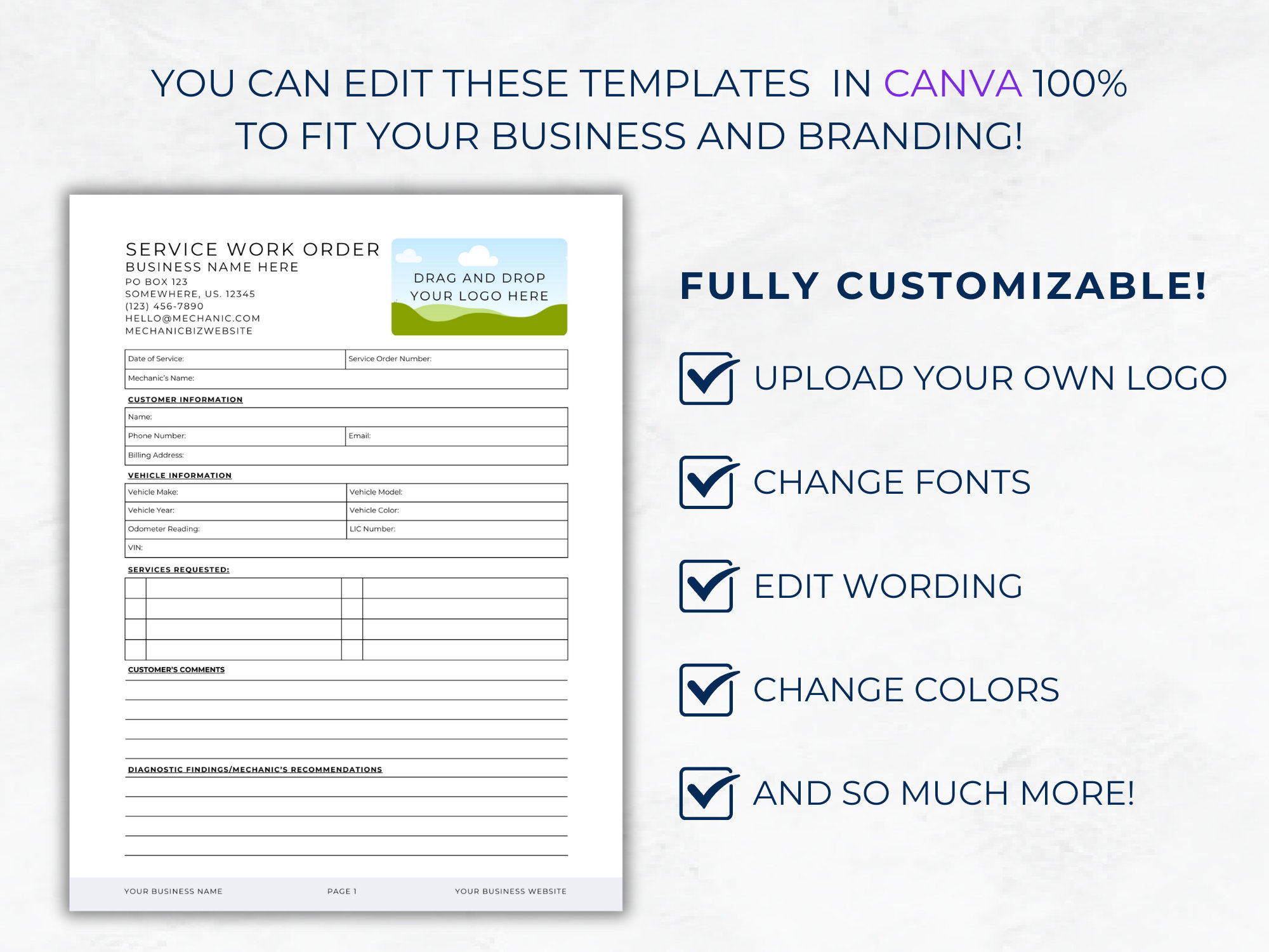 Mechanic Service Work Order, Job Order Form, Repair Job Ticket ...