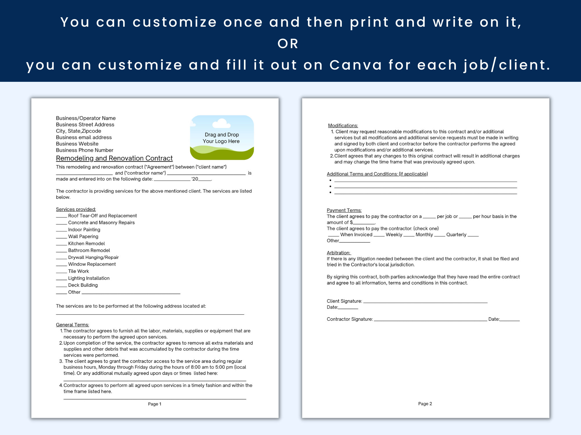 Remodeling Contract, Renovation Contract, Editable Template, Home ...