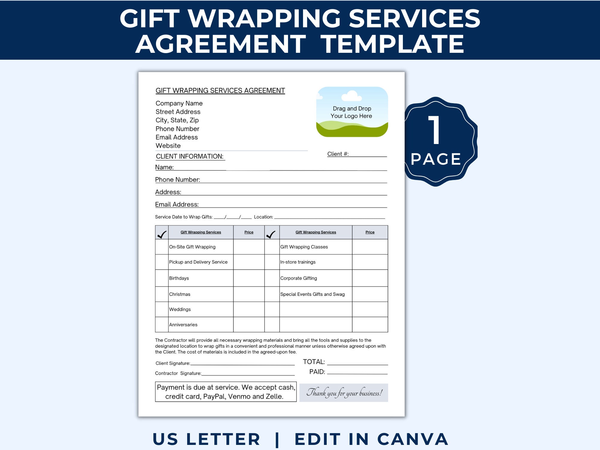 Gift Wrapping Service Agreement, Present Wrapping Service, Editable ...