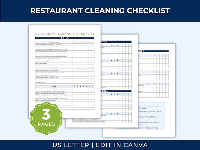 Restaurant Cleaning Checklist Template, Food Service Sanitation, Daily ...